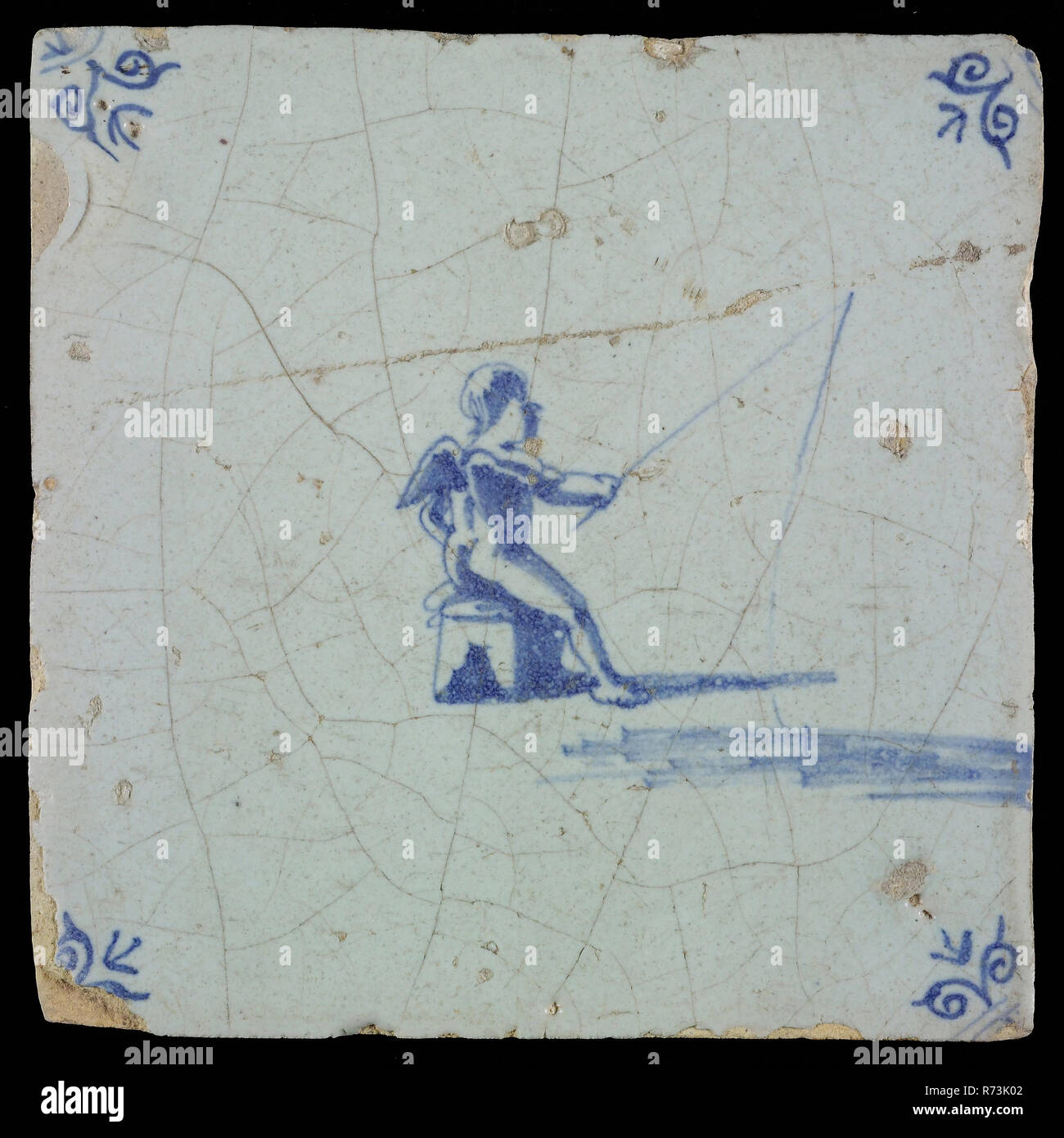 White tile with blue fishing putto; corner pattern ox head, wall tile ...