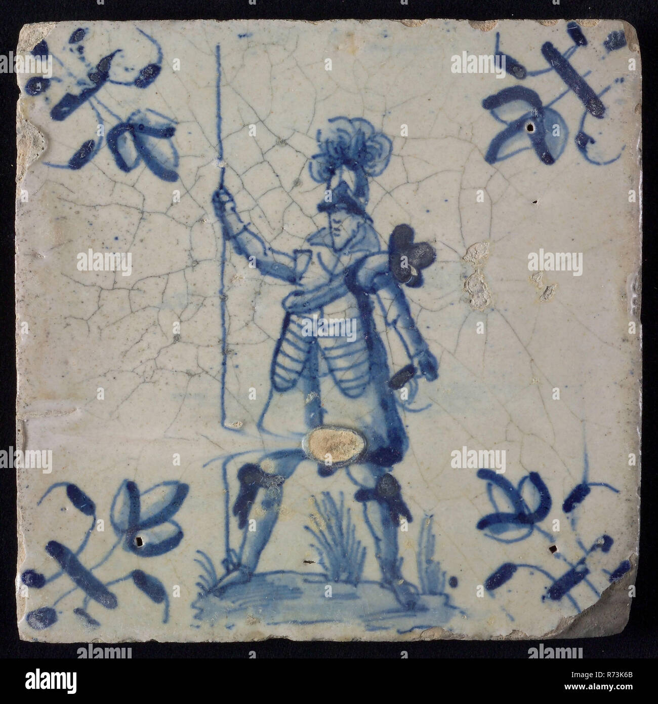 White tile with blue warrior, corner pattern lily, wall tile tile ...