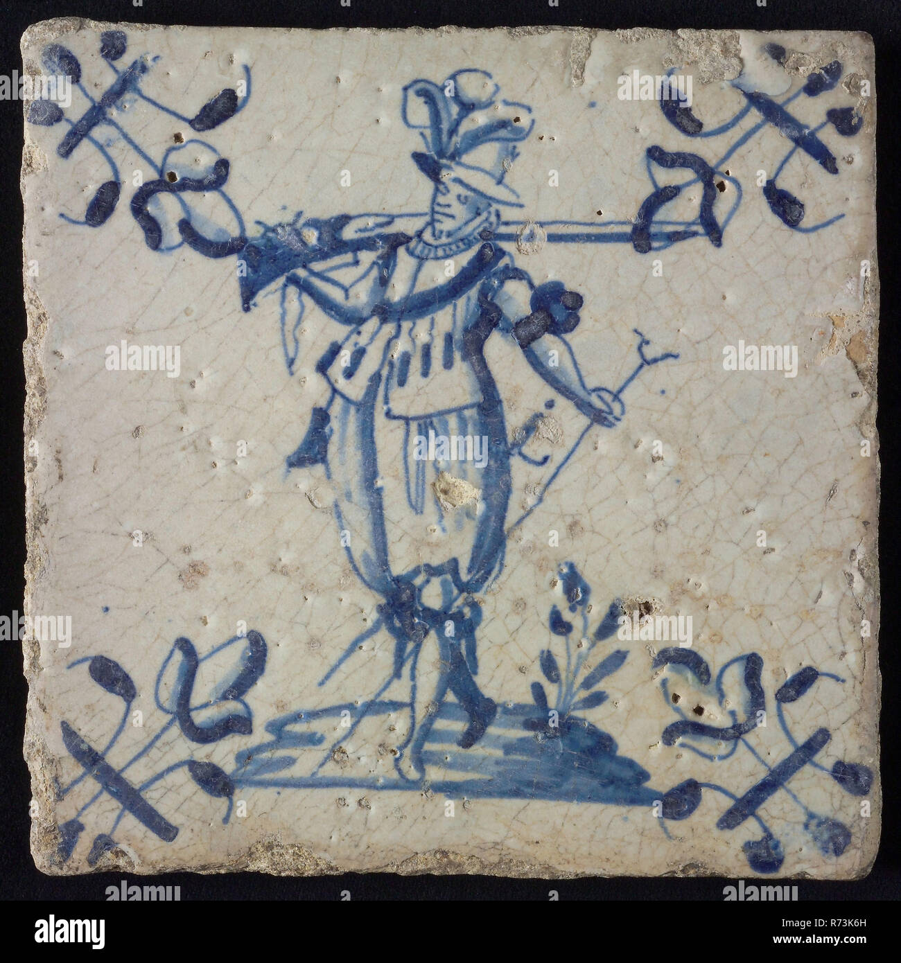 White tile with blue warrior, corner pattern lily, wall tile tile ...
