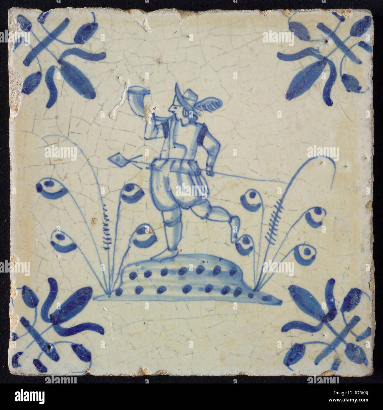 White tile with blue warrior, corner pattern lily, wall tile tile ...