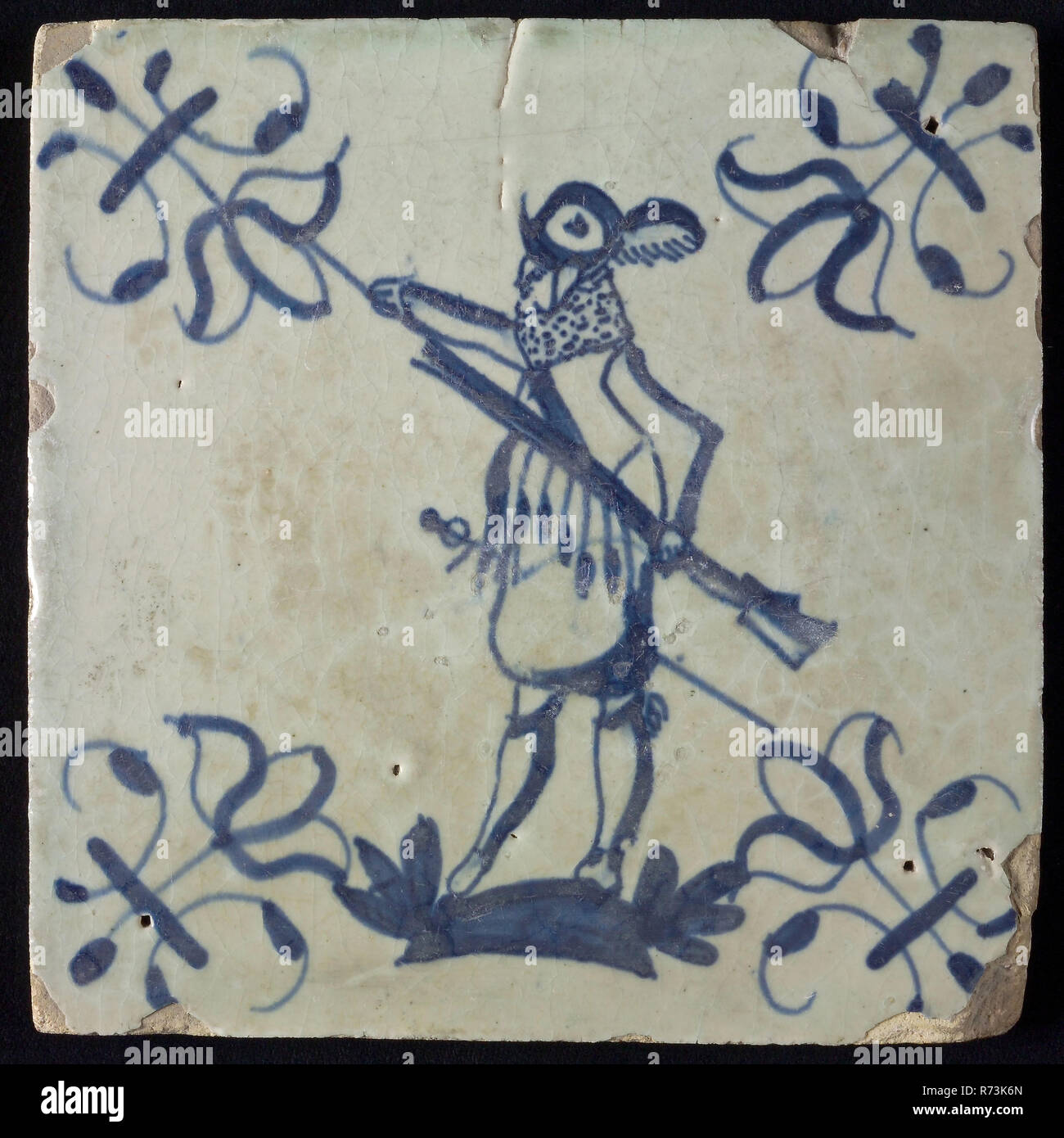 White tile with blue warrior, corner pattern lily, wall tile tile ...