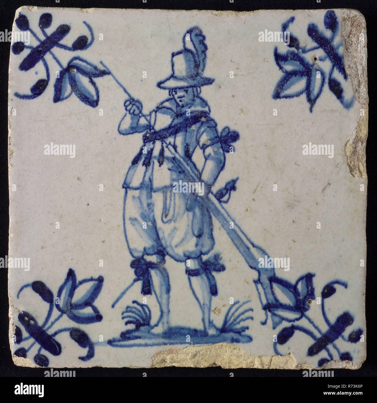 White tile with blue warrior, corner pattern lily, wall tile tile ...