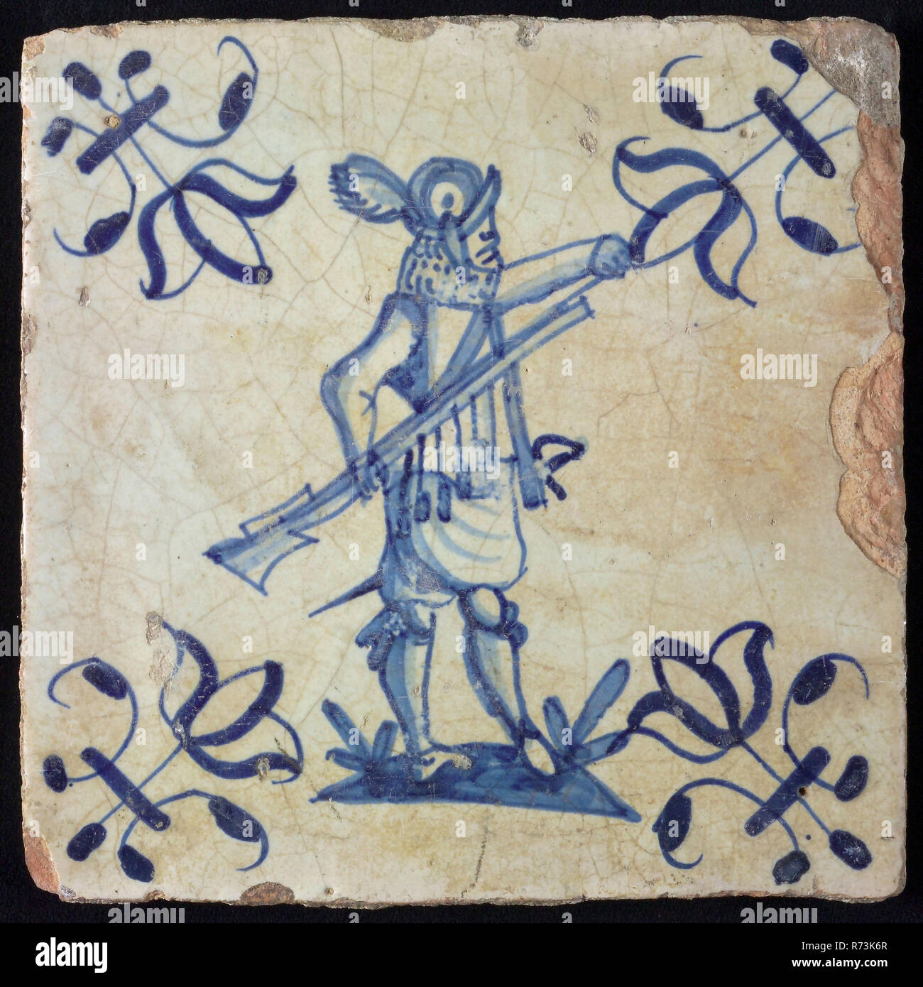White tile with blue warrior, corner pattern lily, wall tile tile ...