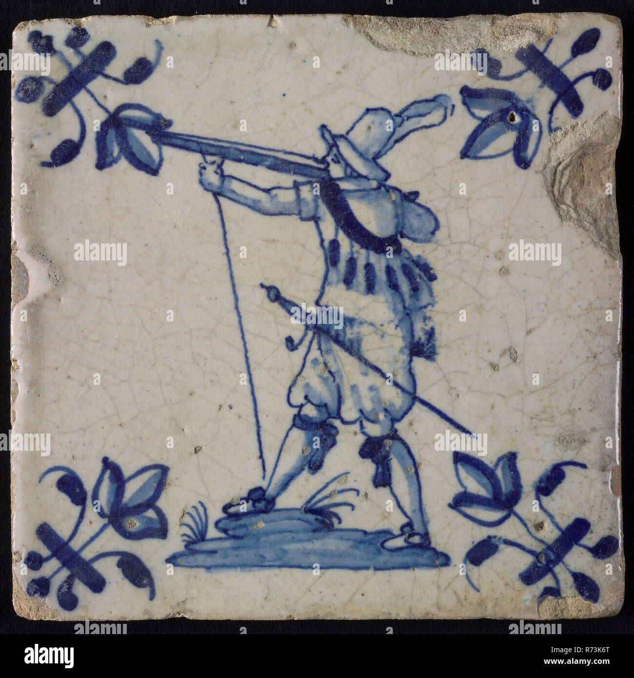 White tile with blue warrior, corner pattern lily, wall tile tile ...