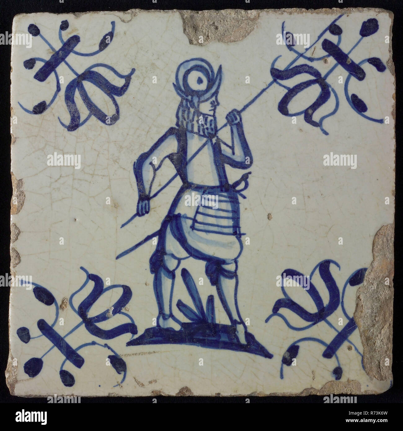 White tile with blue warrior, corner pattern lily, wall tile tile ...