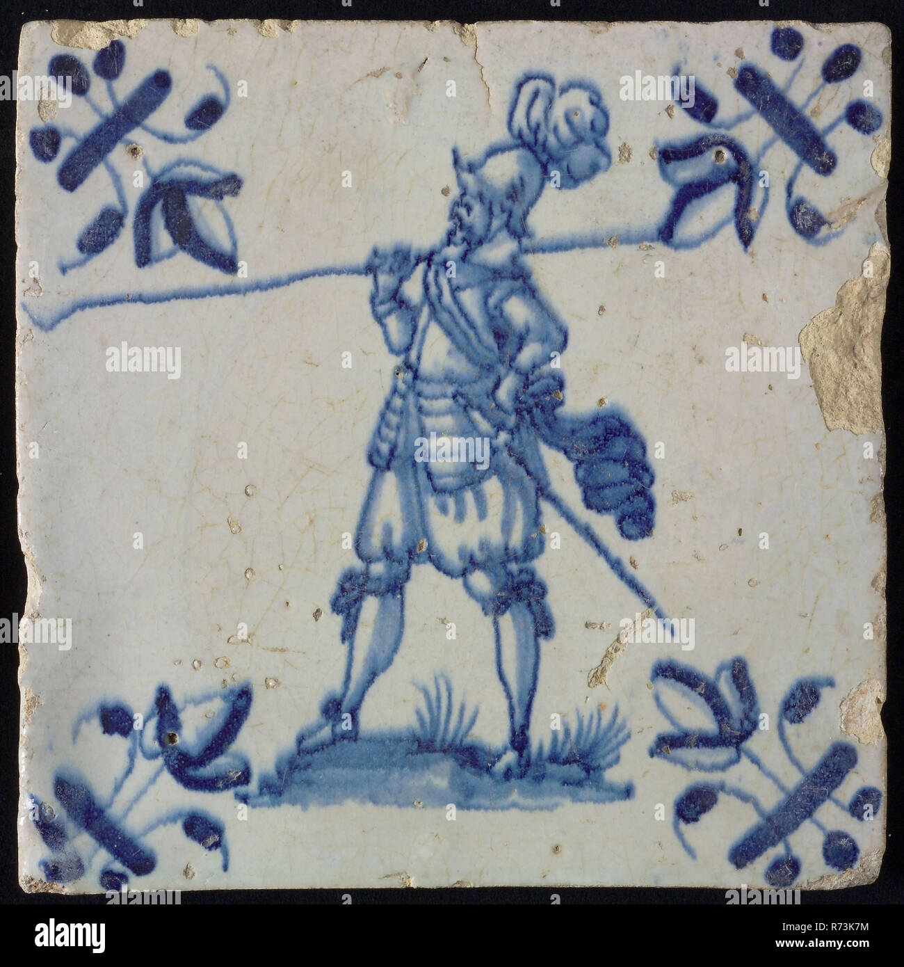 White tile with blue warrior, corner pattern lily, wall tile tile ...