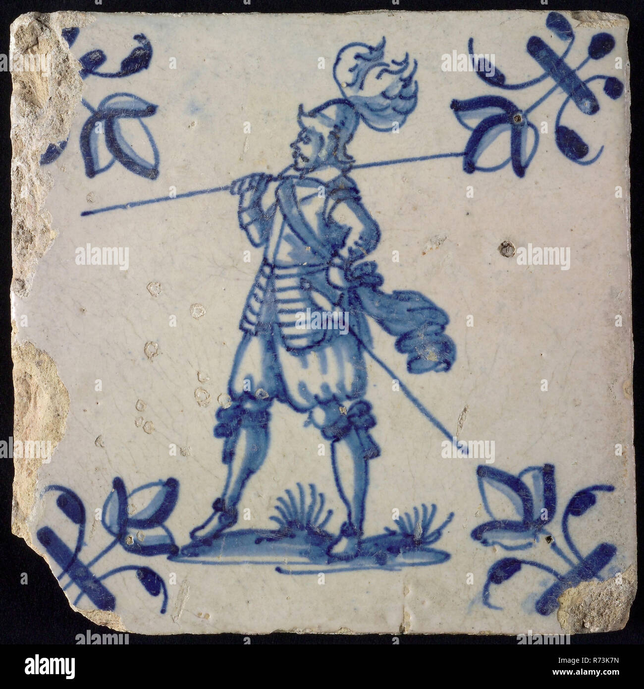 White tile with blue warrior, corner pattern lily, wall tile tile ...