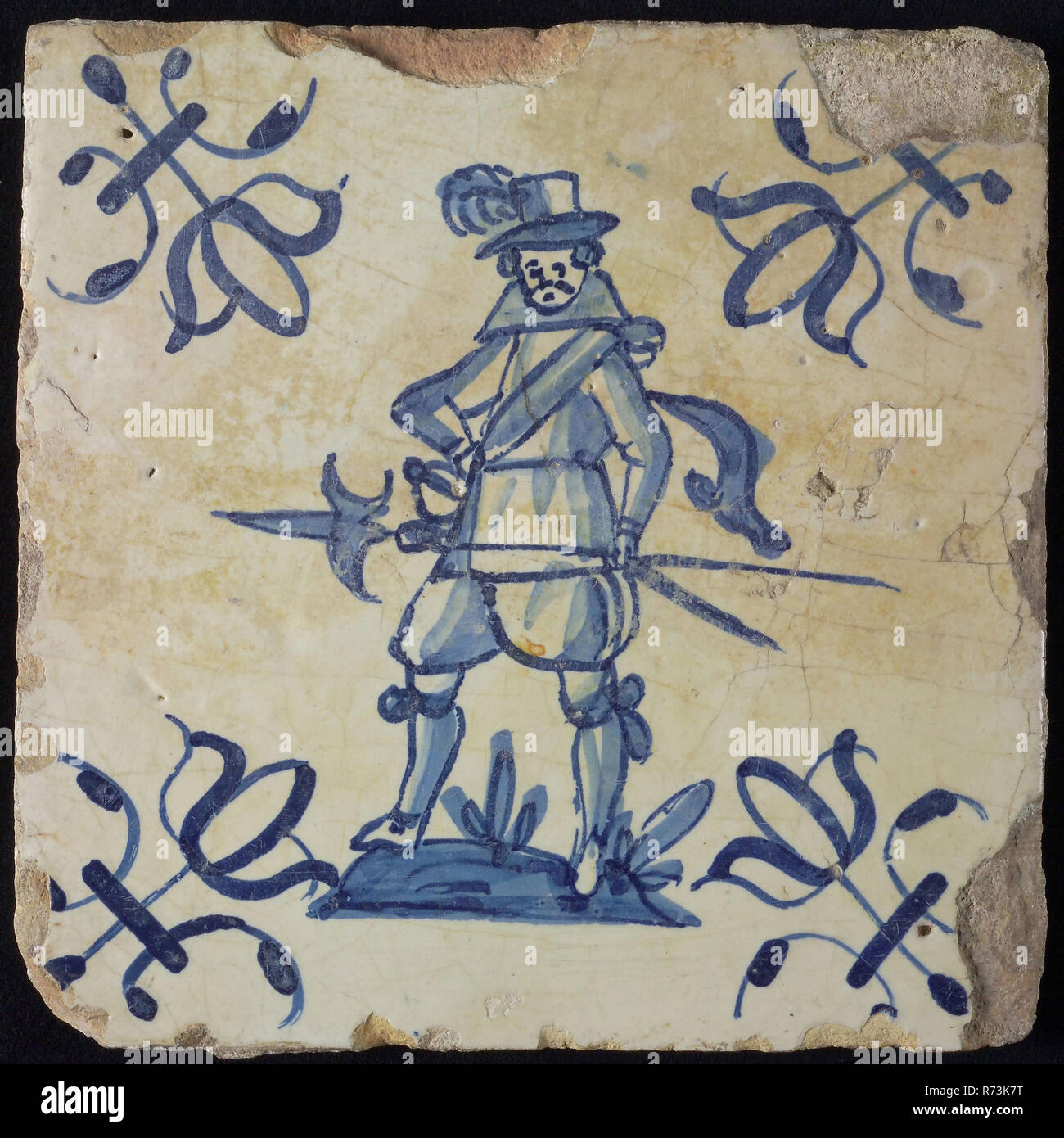 White tile with blue warrior, corner pattern lily, wall tile tile ...