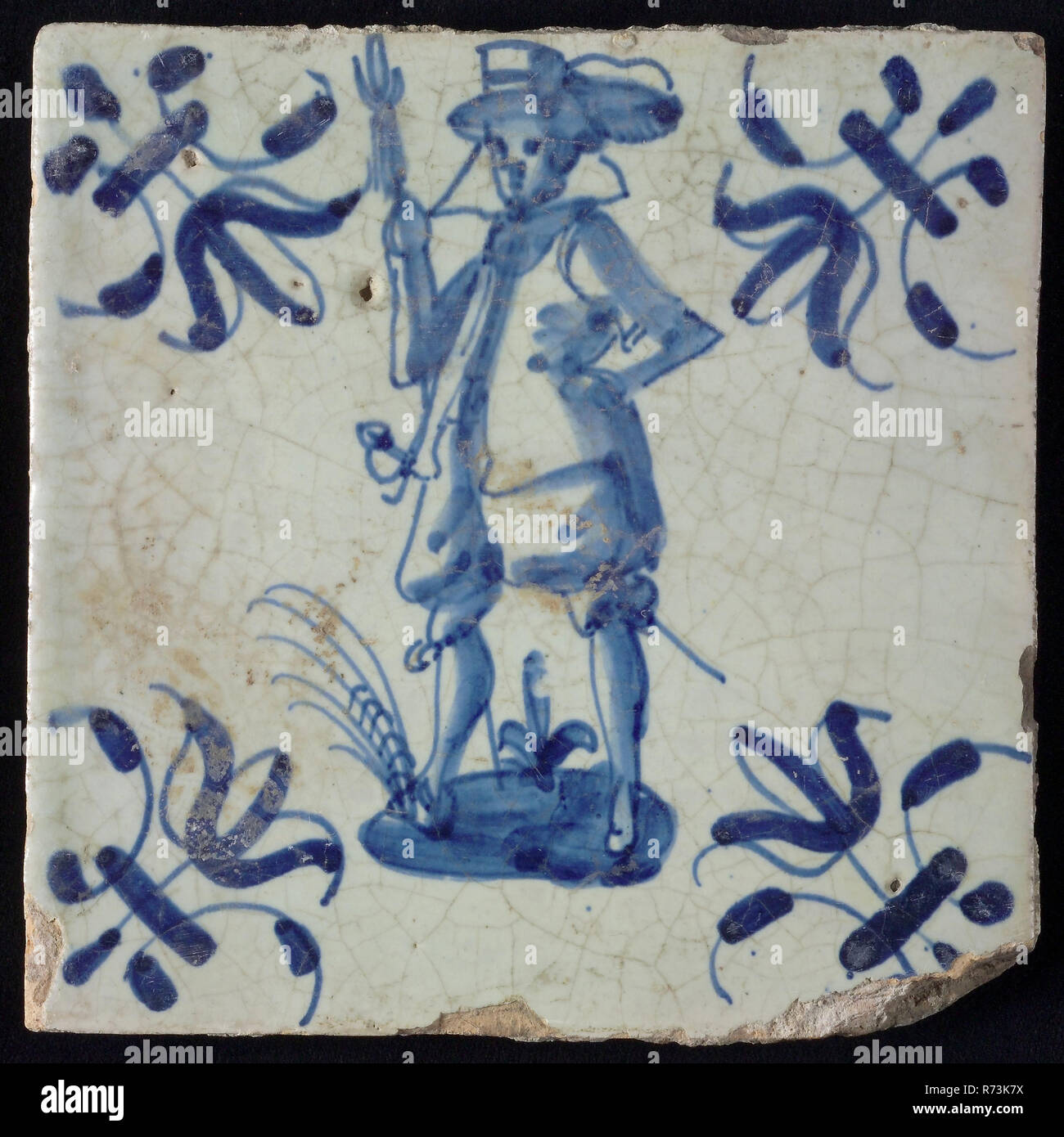 White tile with blue warrior, corner pattern lily, wall tile tile ...