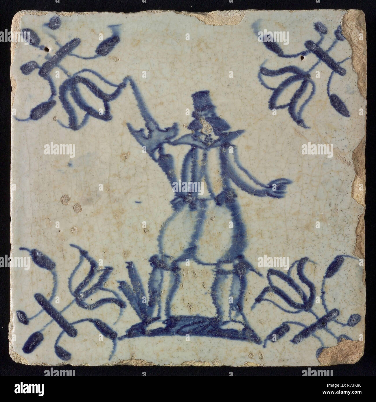 White tile with blue warrior, corner pattern lily, wall tile tile ...