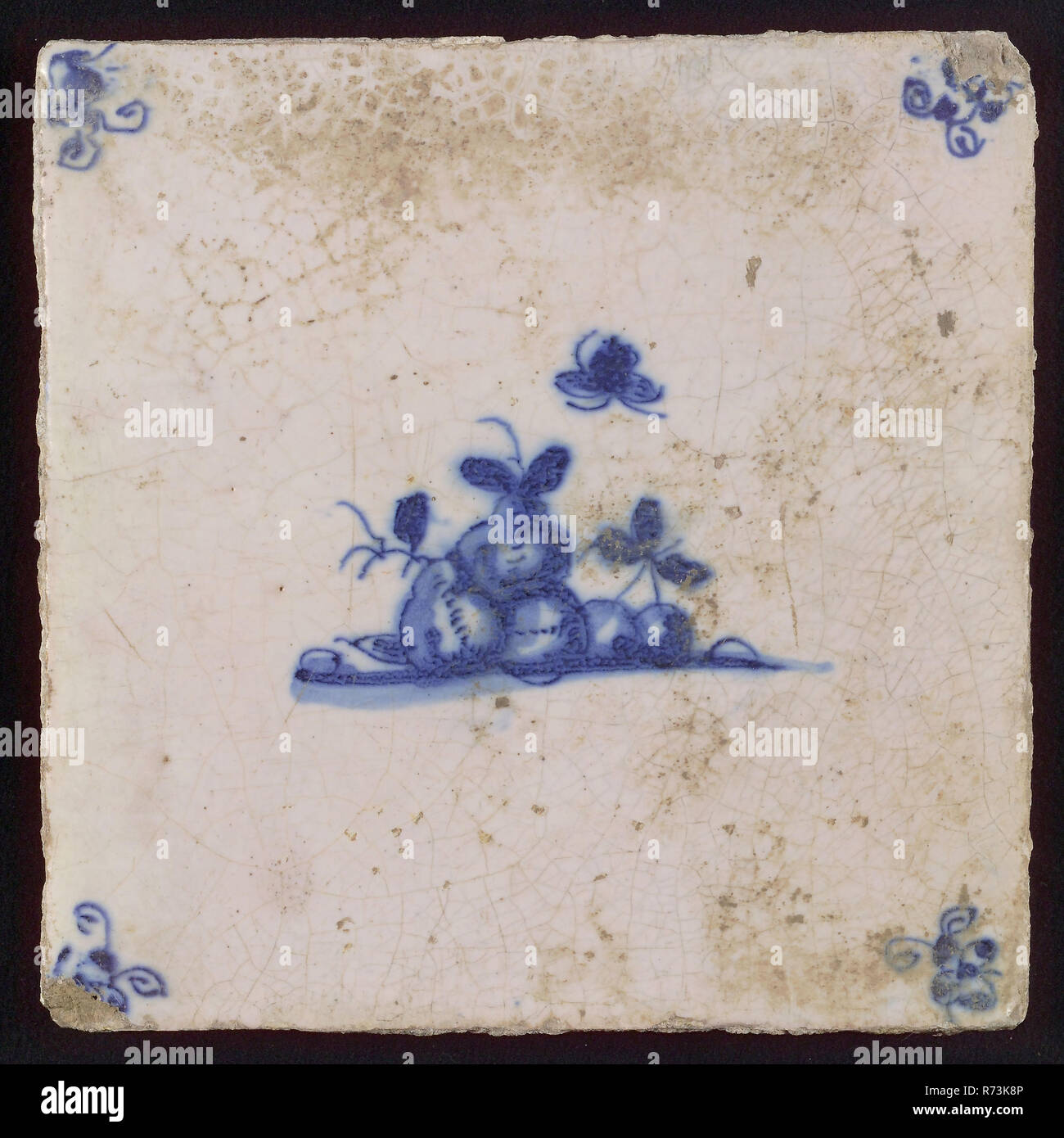 White tile with blue fruit and insect, corner motif spider, wall tile ...