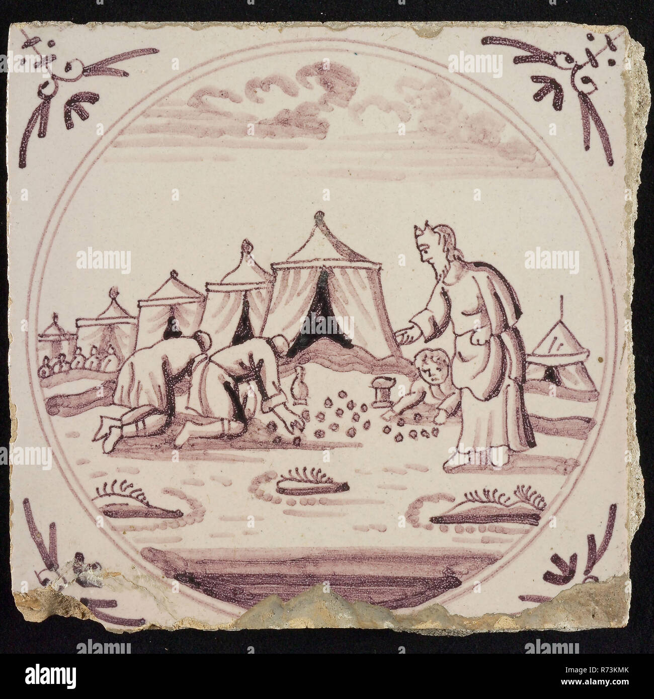 Scene tile, horned Moses with three men picking up manna, corner ...