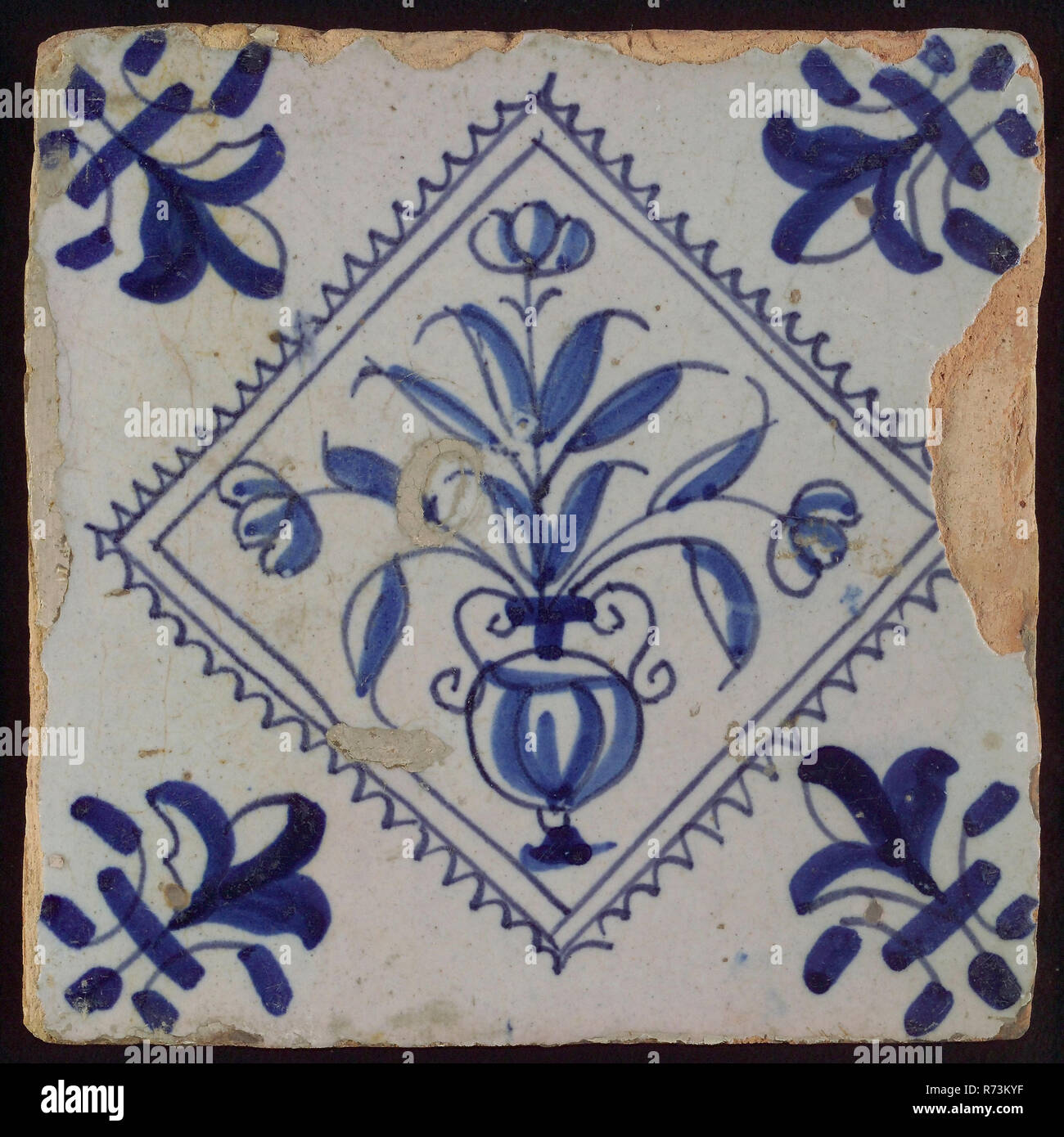 Tile, flower pot in blue on white, inside serrated squared, corner ...