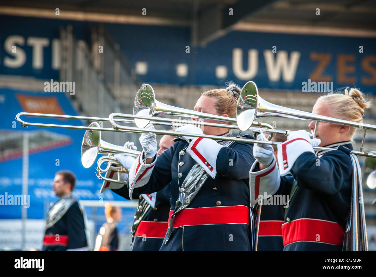 Details from a music, show and marching band. Playing musicians wind ...