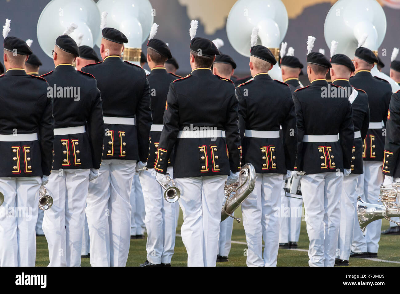 Details from a music band. Playing musicians with wind instruments and ...