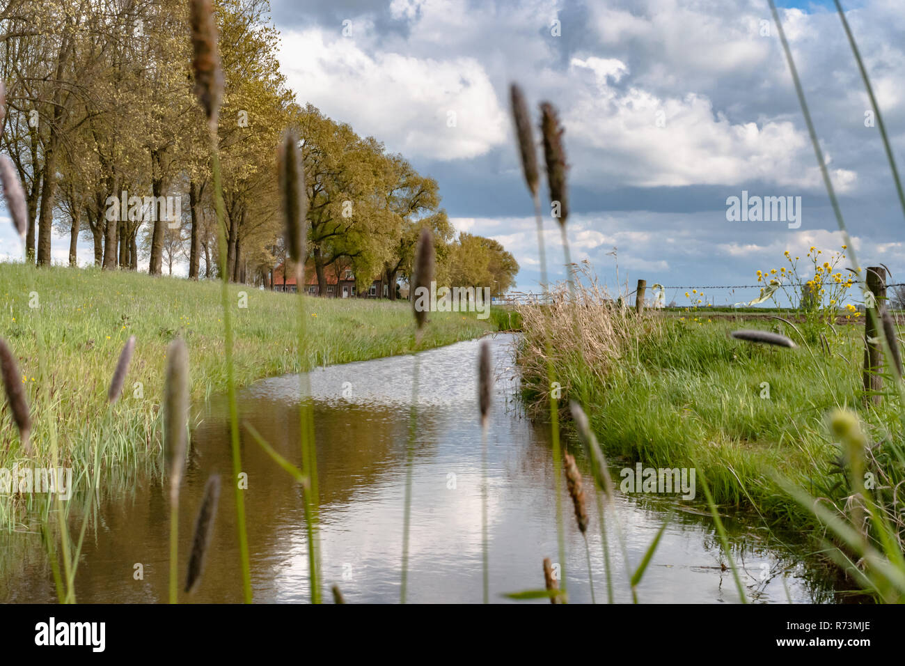 Old Dutch Sea Dike near Kampen Hanseatic City. View of the polders and ...
