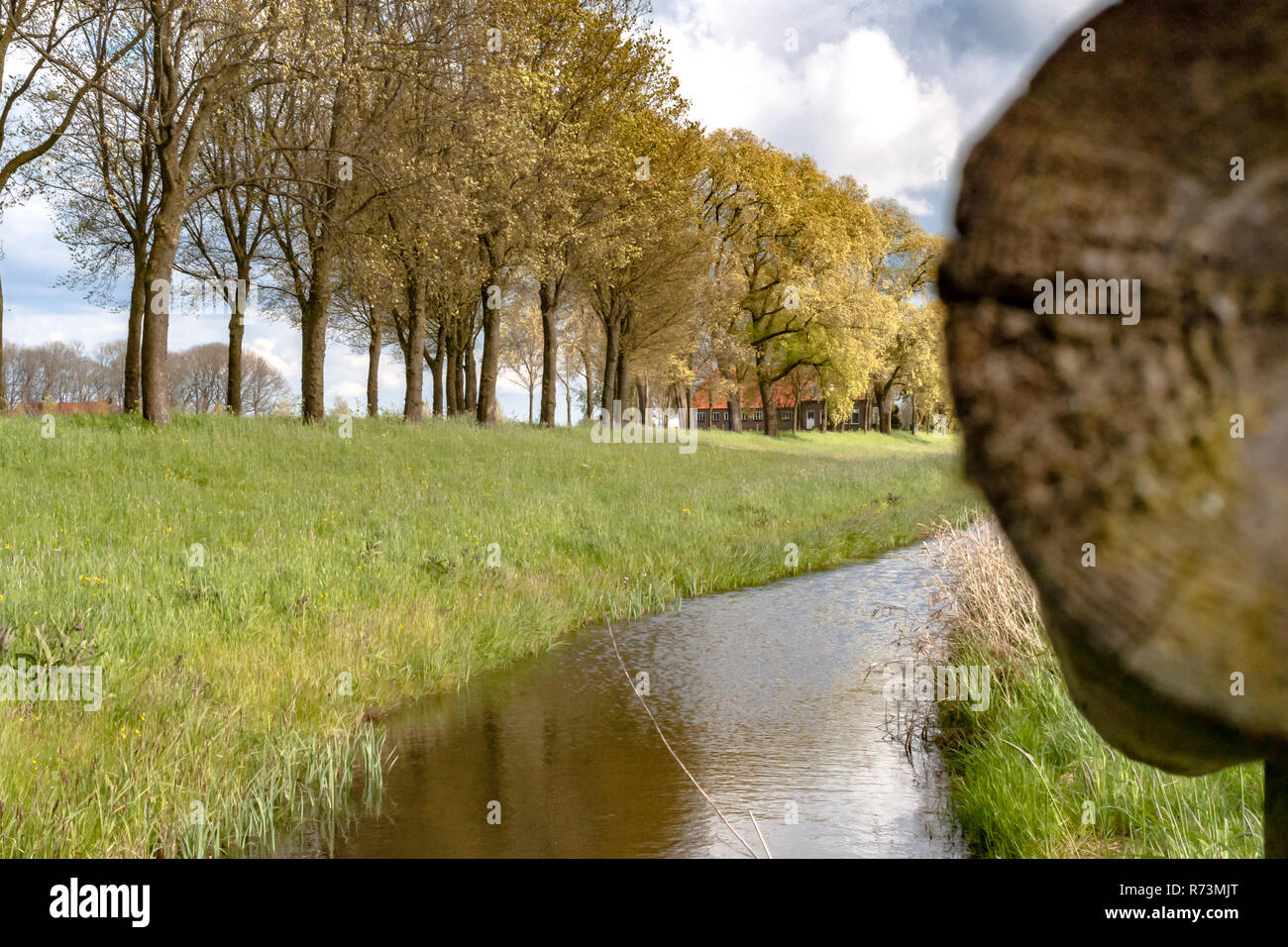 Old Dutch Sea Dike near Kampen Hanseatic City. View of the polders and ...
