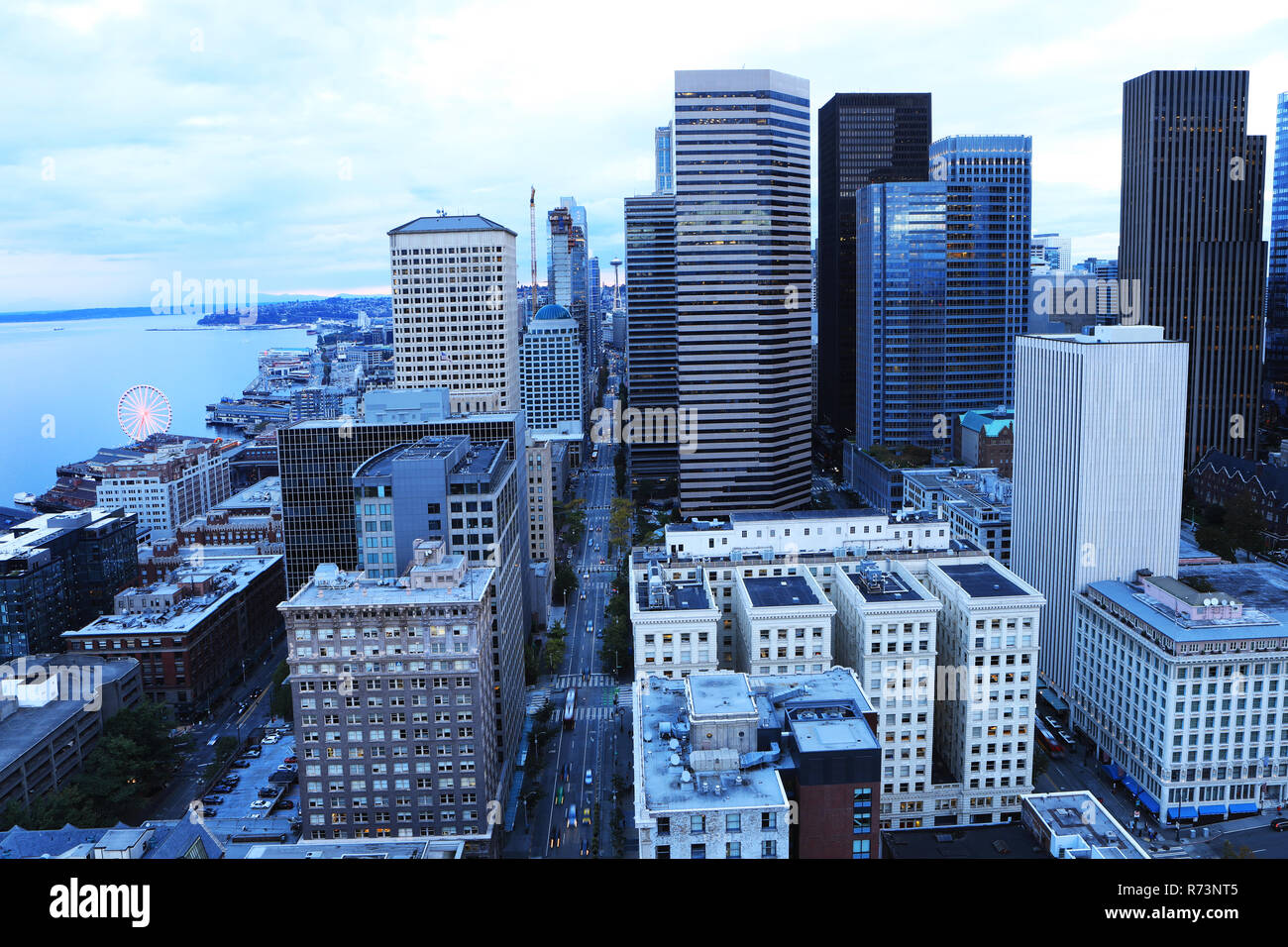An aerial Seattle, Washington skyline at dusk Stock Photo - Alamy