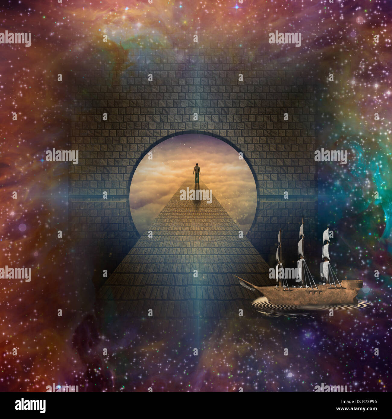 Fantasy stellar landscape with ship Stock Photo - Alamy