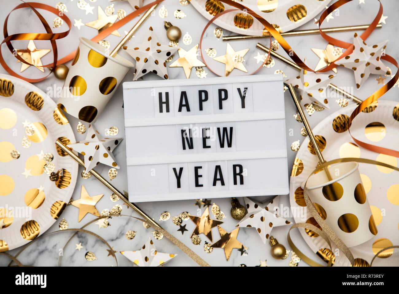 Happy new year lightbox celebration message with luxury gold party ...