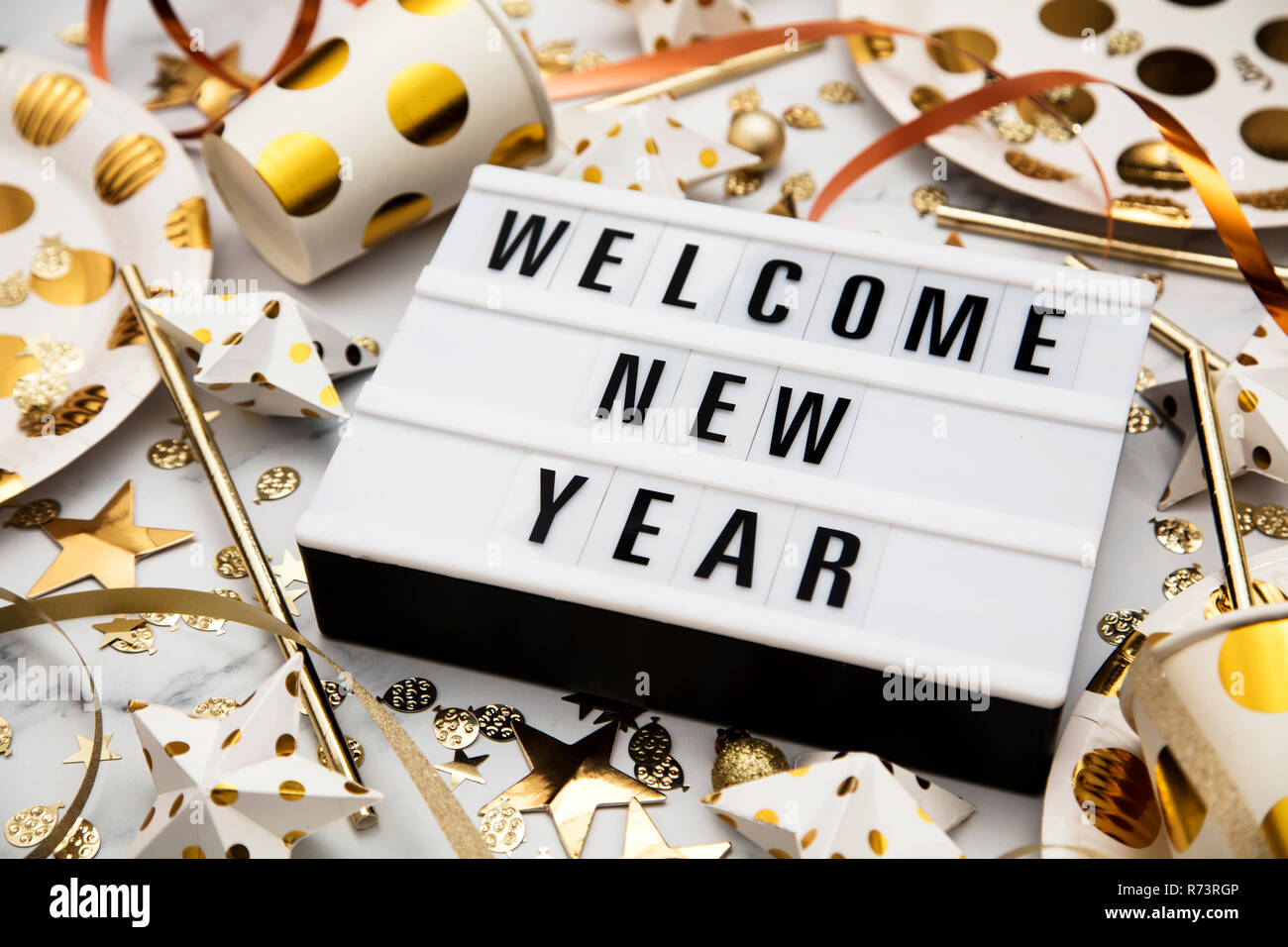 Welcome new year lightbox celebration message with luxury gold party ...