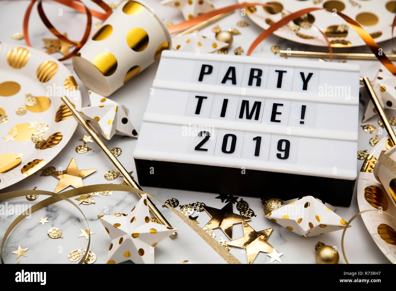 Party time 2019 lightbox celebration message with luxury gold party ...