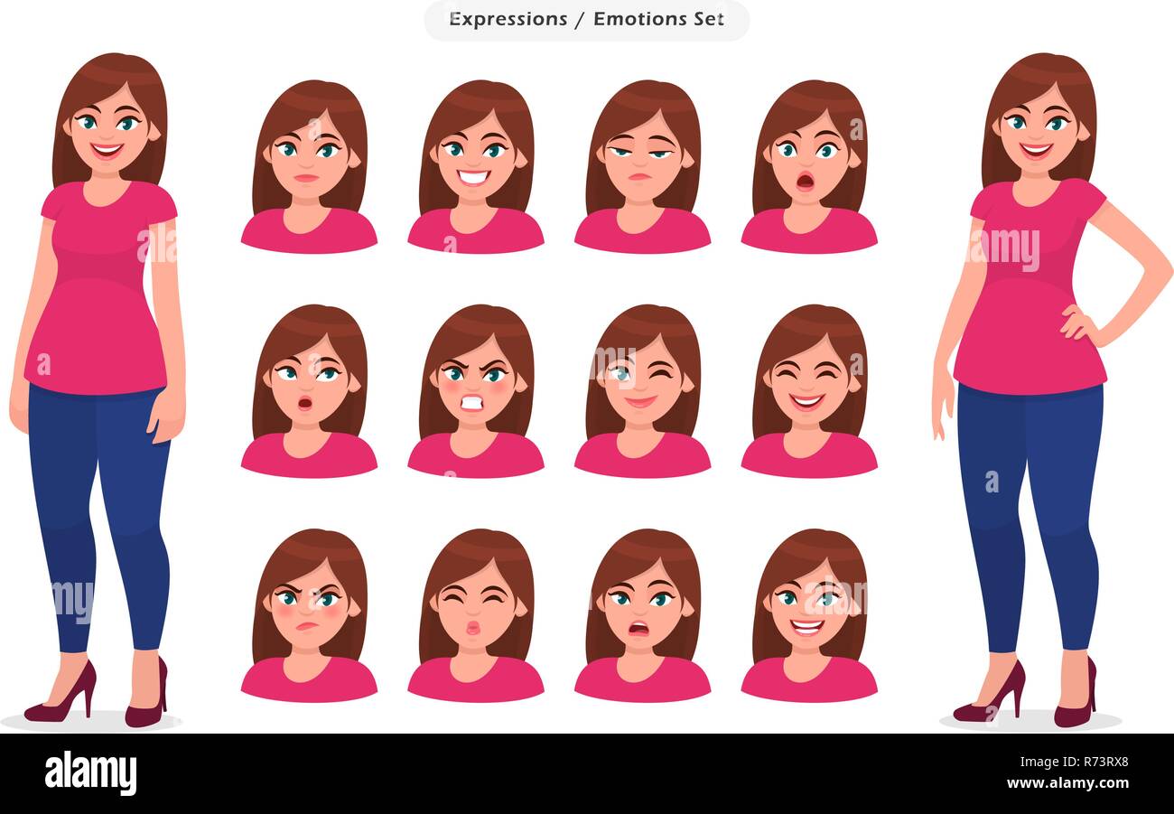 Set of female facial expression. Collection of girl / woman's emotions ...