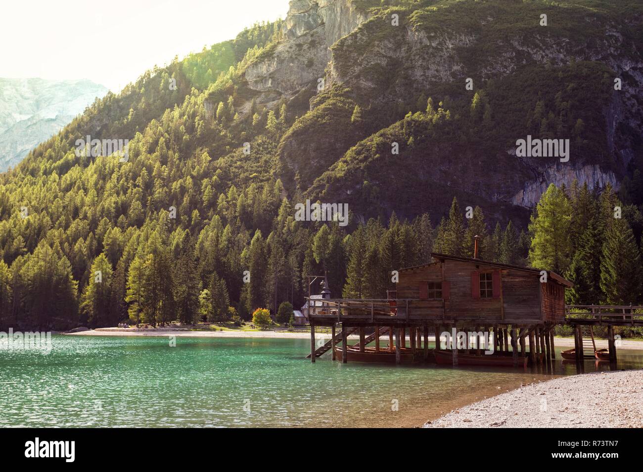 view of well-known tyrolean lake lago di Braies Dolomites Italy Stock ...