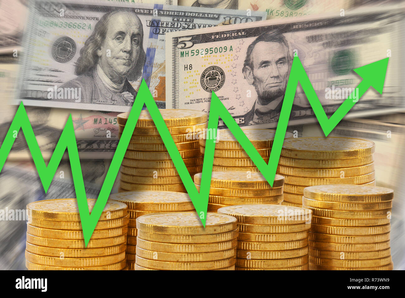 Business chart with green arrow going up on background of golden money ...