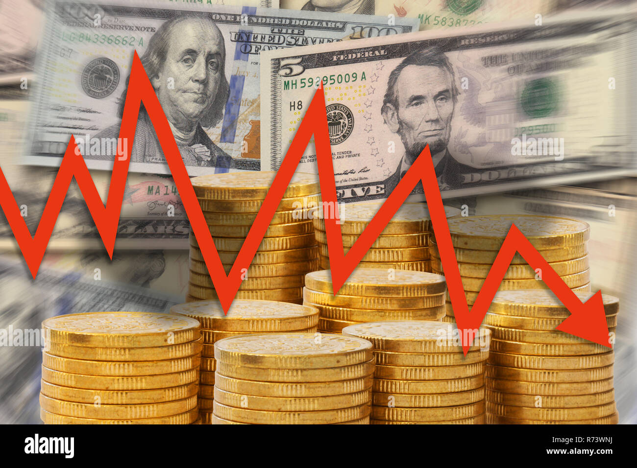 Business chart with red arrow going down on background of golden money ...