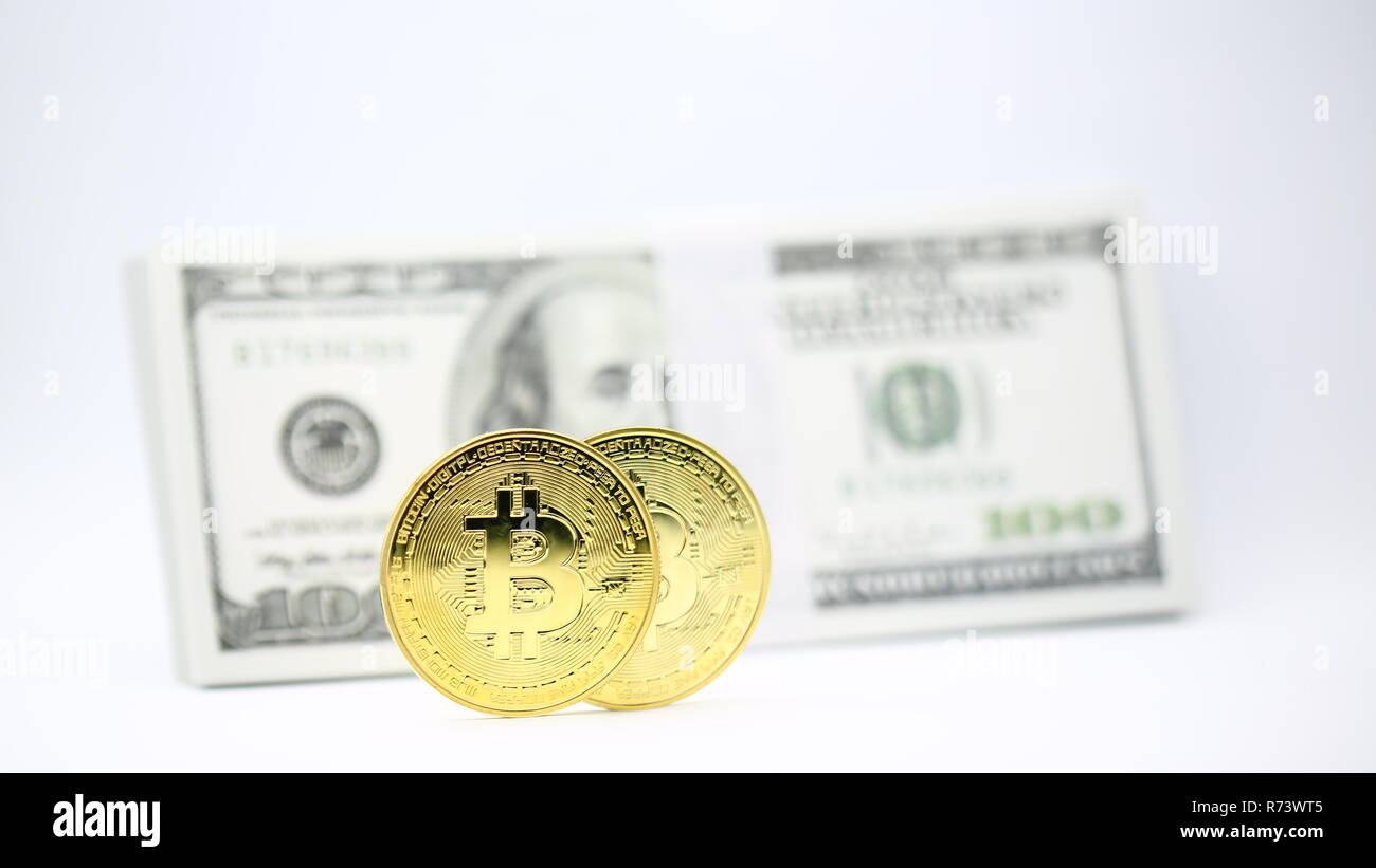 blurred crumpled dollar money and different bitcoin background like ...