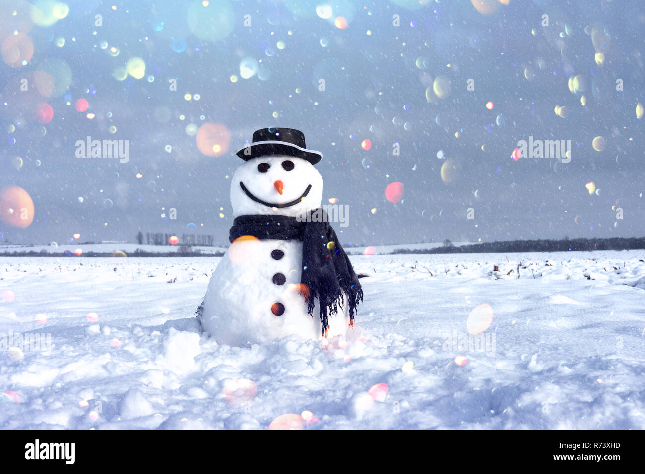 Funny snowman in stylish hat and black scalf on snowy field. DOF bokeh ...
