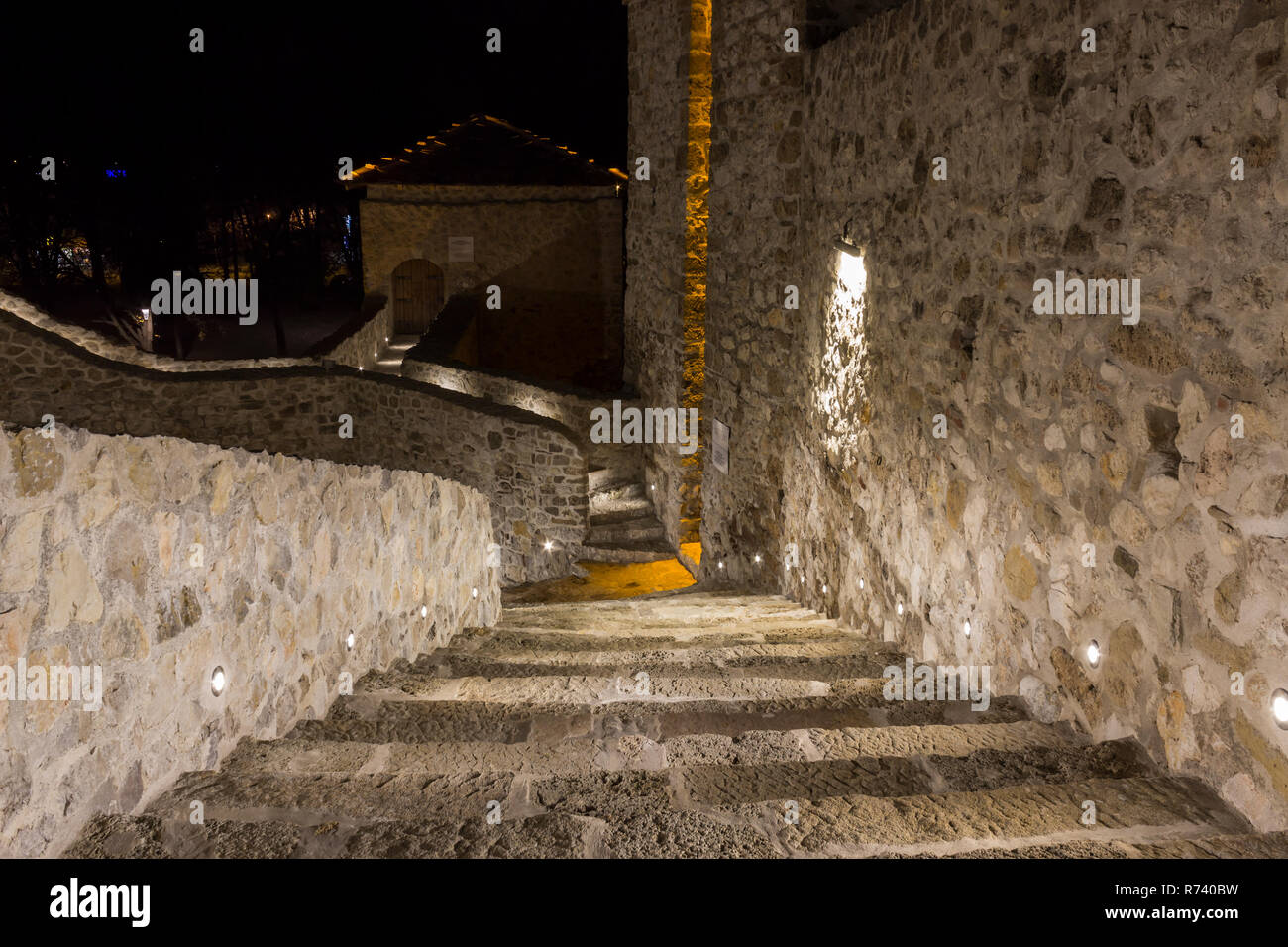 Inside view of first lights on the ancient Momcilov grad fortress in ...