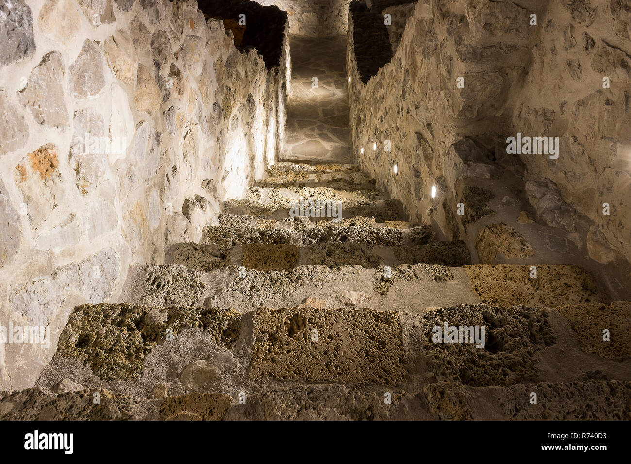 Inside view of first lights on the ancient Momcilov grad fortress in ...