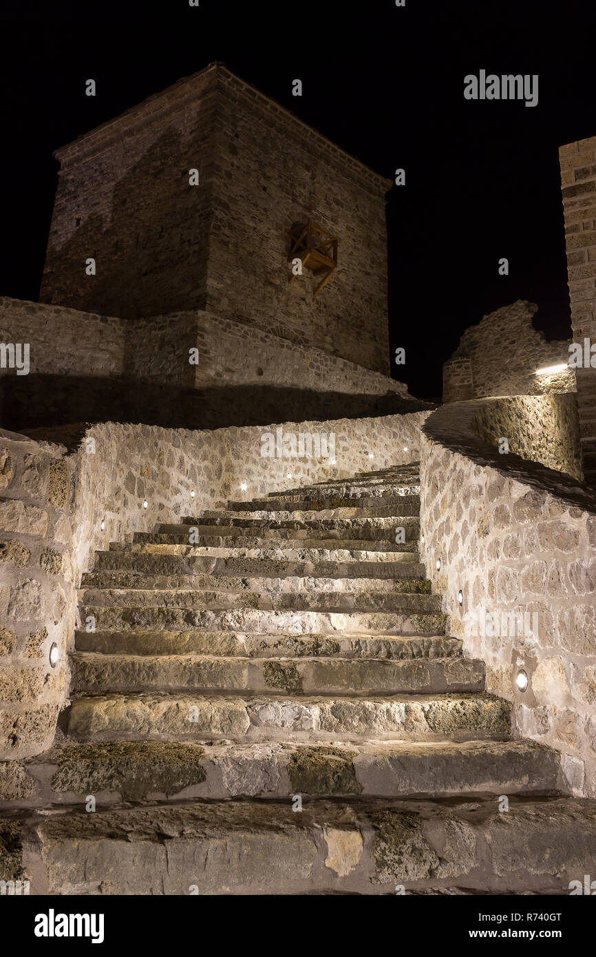Inside view of first lights on the ancient Momcilov grad fortress in ...