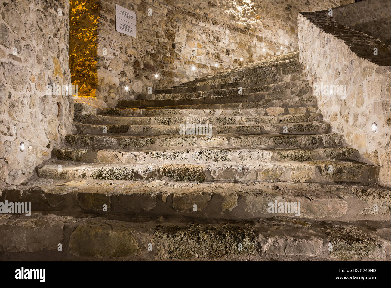 Inside view of first lights on the ancient Momcilov grad fortress in ...