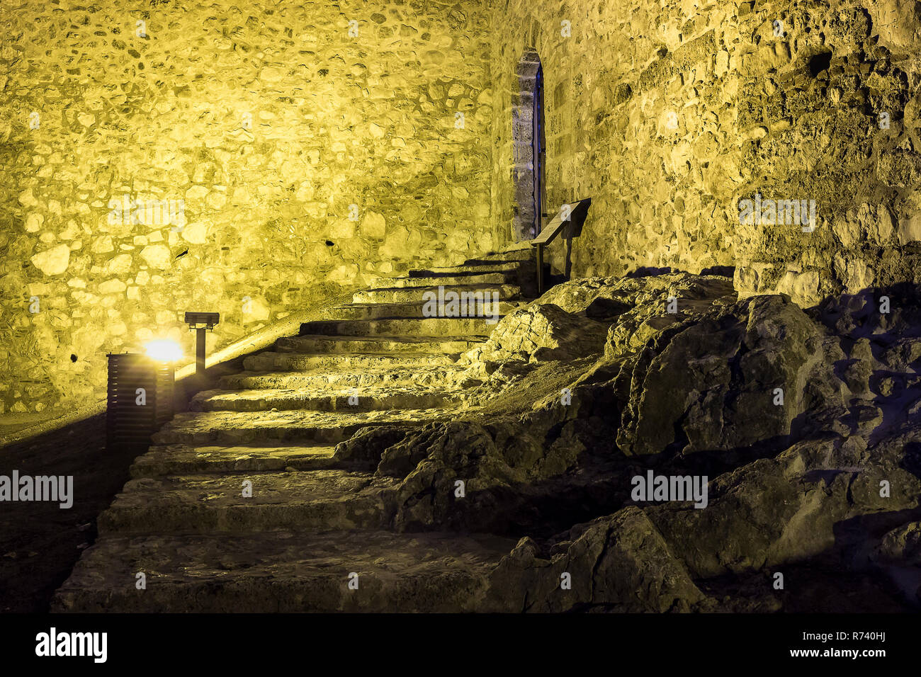 Inside view of first lights on the ancient Momcilov grad fortress in ...
