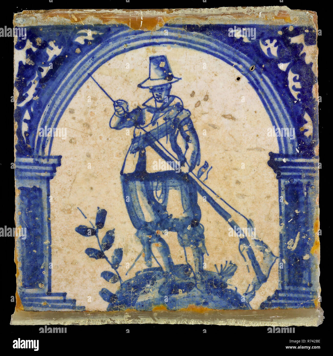 Figure tile, in blue on white, warrior with gun, wall tile tile ...