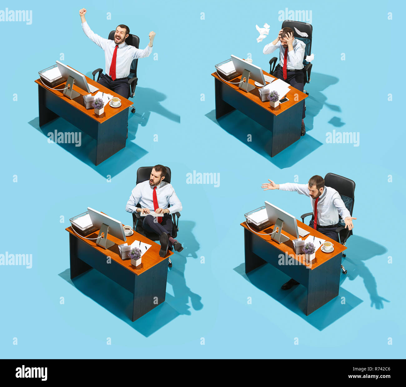 Crazy boss. Above view of businessman working on laptop. Flat isometric ...