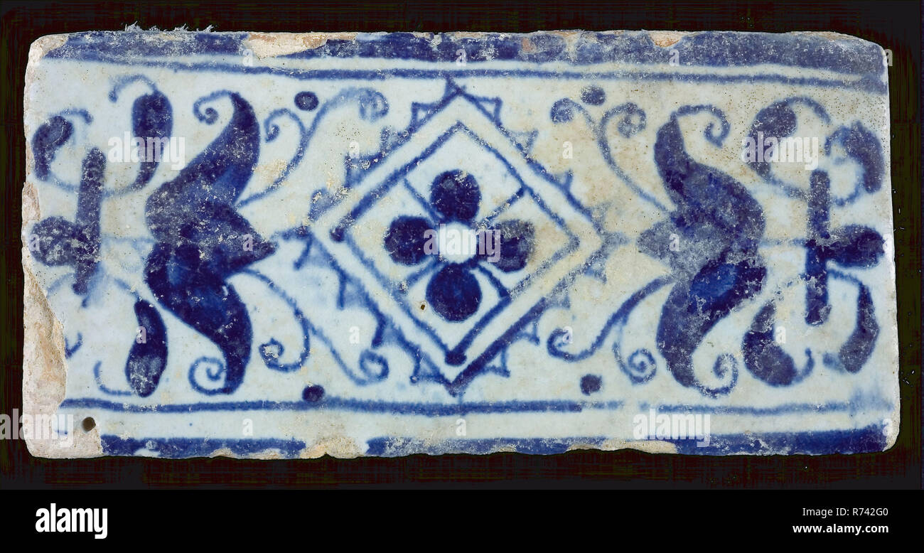 Border tile with flower and small square, blue, edge tile wall tile ...