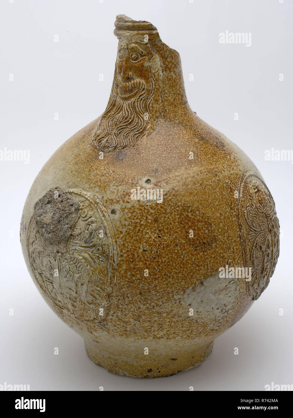 Bartmann jug, also called Bellarmine jug, with three coats of arms ...