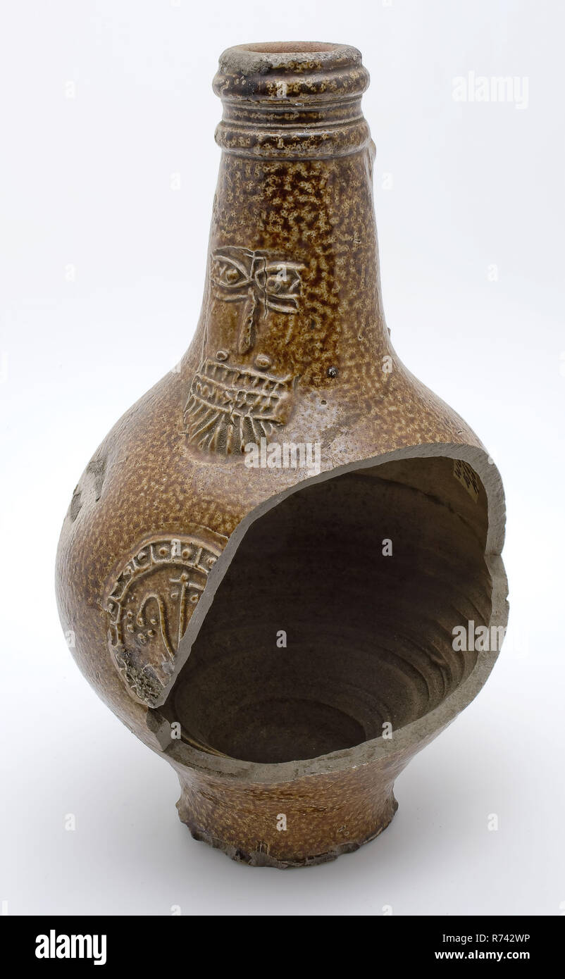 Brown speckled Bartmann jug, also called Bellarmine jug, under beard ...