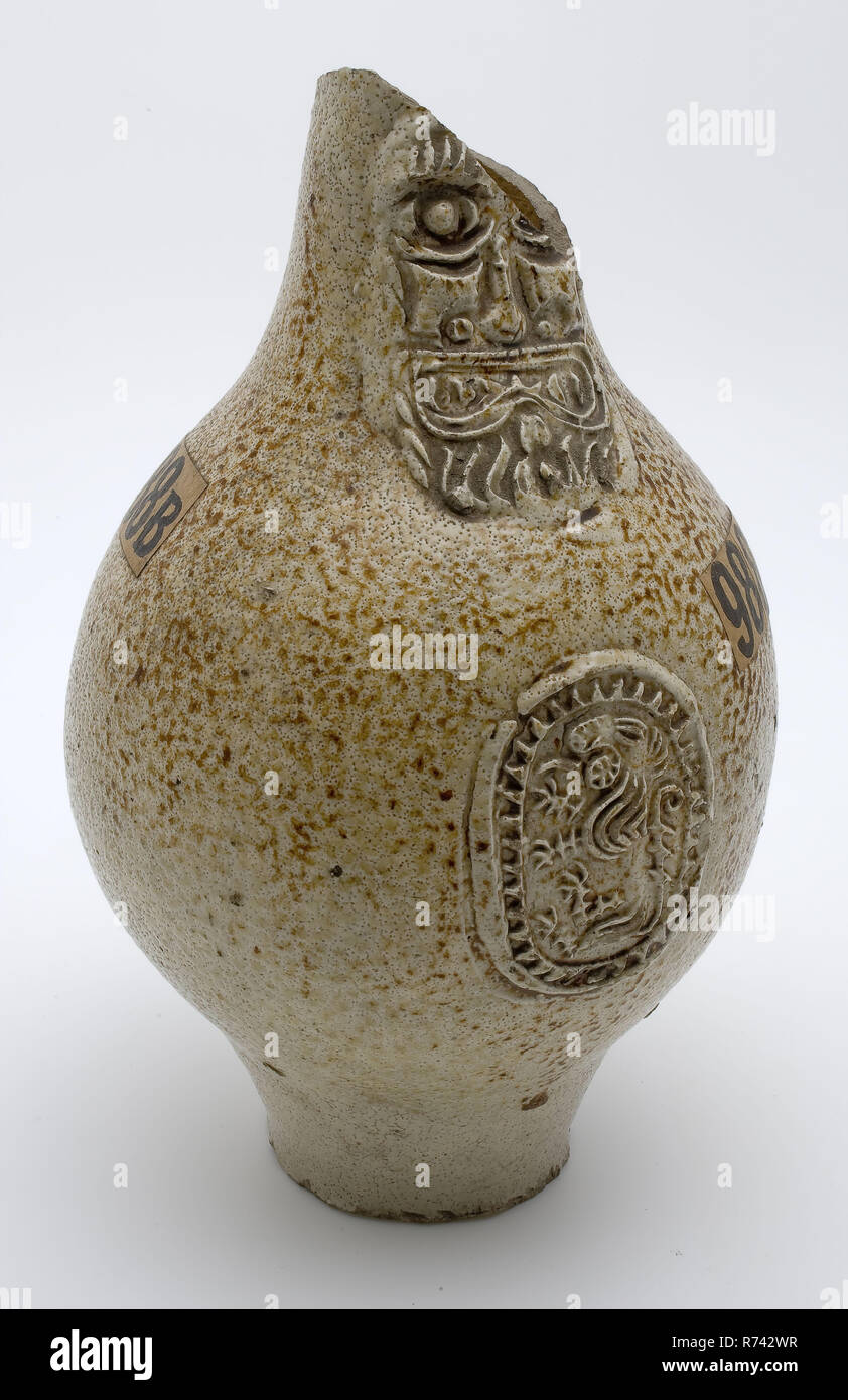 Gray brown speckled Bartmann jug, also called Bellarmine jug, with ...