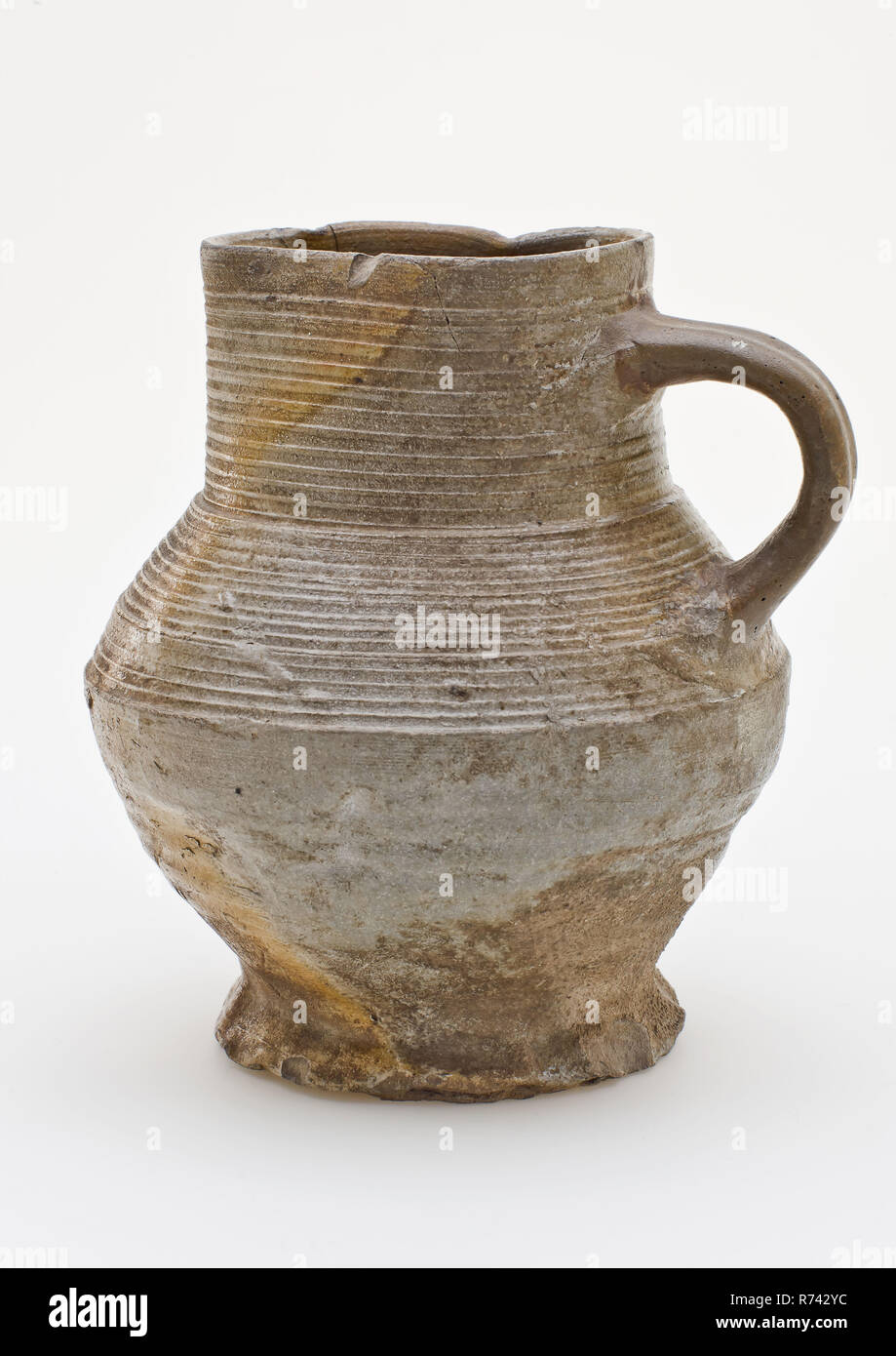 Stoneware canister on pinched foot, gray green, deformed neck, jug ...
