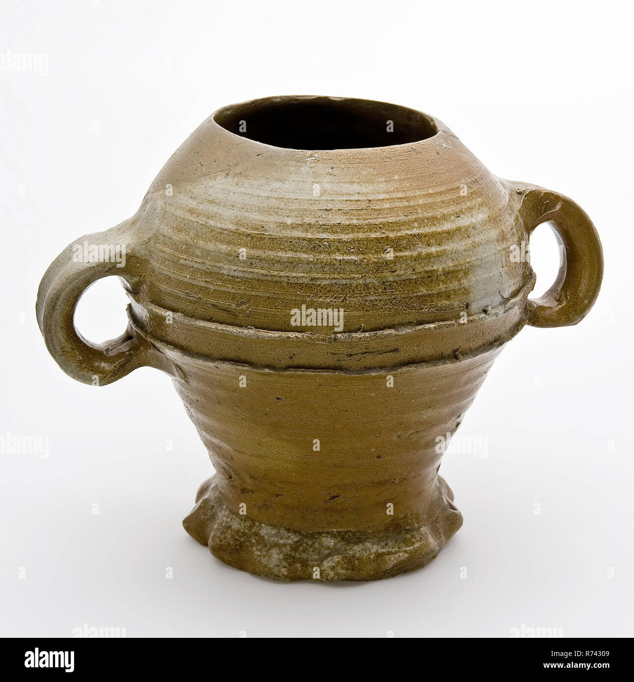 Stoneware cup with two ears with double profiled band on belly, pinched ...