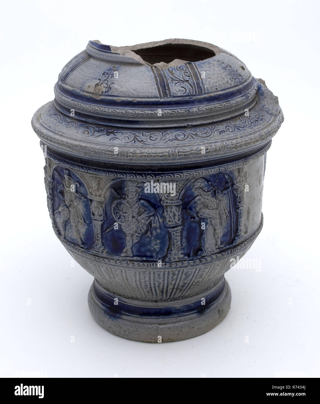 Stoneware jug with arcade around belly including band of musketeers and ...