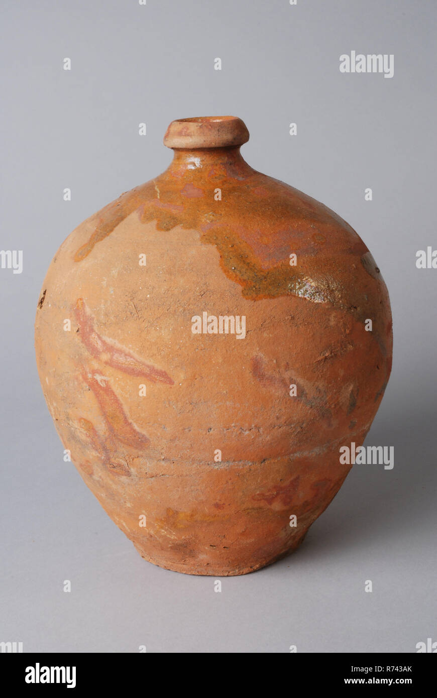 Pottery, ovoid jar, with short neck, lead glaze on the shoulder, jug ...