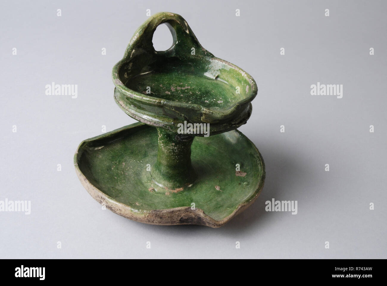 Earthenware oil lamp, green glazed, oil lamp spout lamp illuminator ...