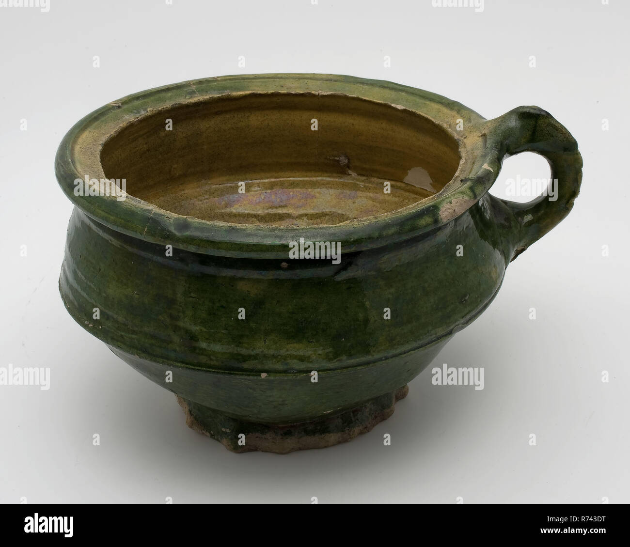 Pottery chamber pot, easy to use on pinched stand, green and yellow ...