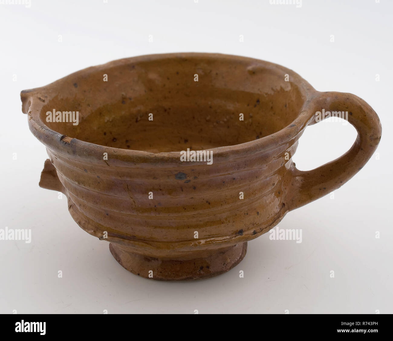Earthenware pap bowl, red shard, fully glazed, two pinched sausage ears ...